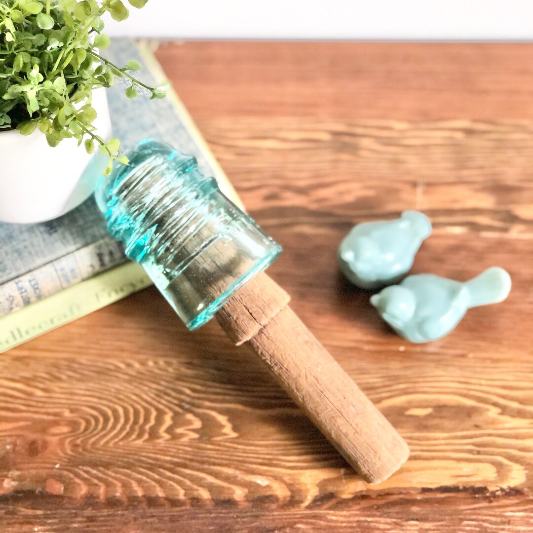 Antique Glass Telephone Insulator on Wooden Mounting Peg; Aqua Blue ...