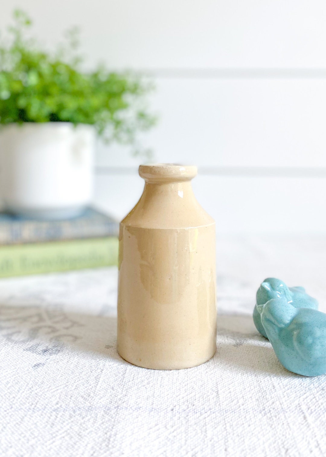 Antique Stoneware Ink Bottle; Cream Stoneware Ink Pot; Antique Inkwell ...