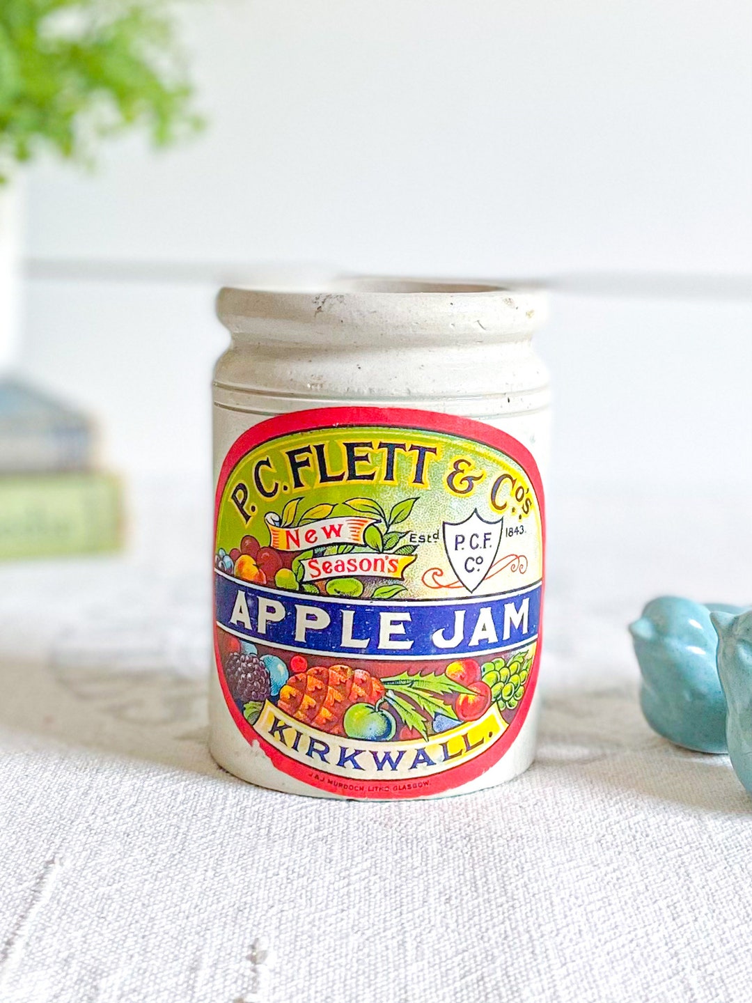 Antique Stoneware Jam Pot W/ PC Flett & Co's Apple Jam Label; Vintage ...