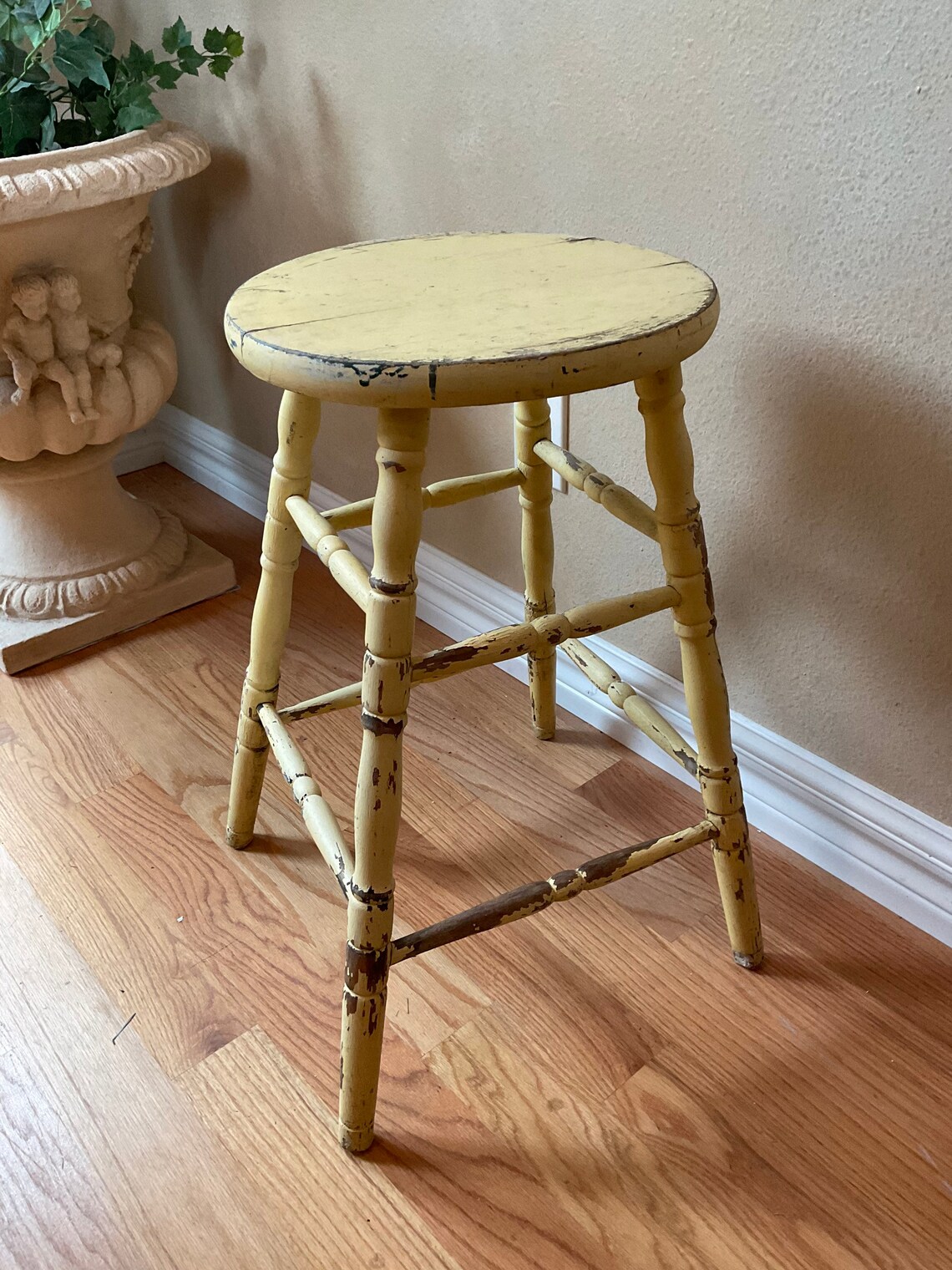 Antique Spindle Spool Stool/side Table. Folk Art Yellow Chair. - Etsy