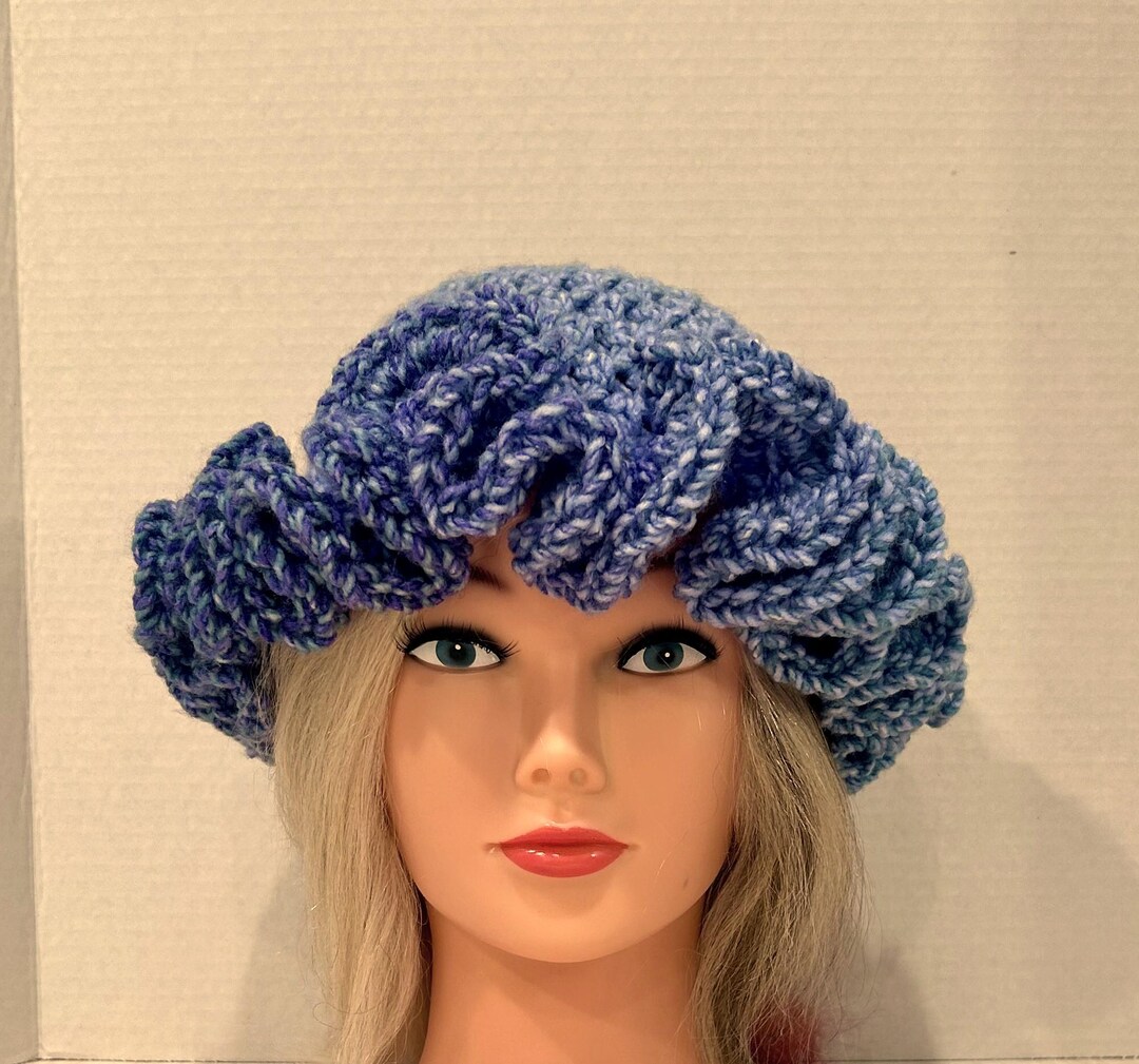Hand Crochet Ruffle Hat, Puzzle Yarn Ruffle Hat, Adult Ladies Soft ...