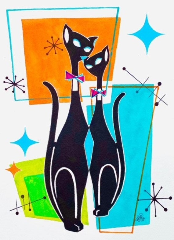 Mid Century Modern Cat Art Print Wall Art Black Cat Lover - Etsy