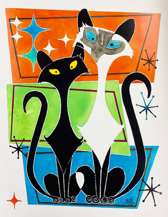 Mid Century Modern Cat Art Print Wall Art Black Cat Lover - Etsy