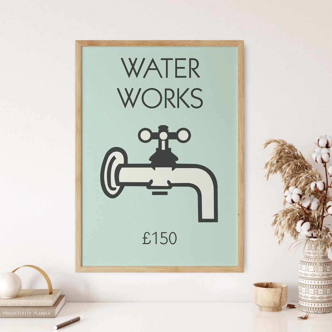 Retro Monopoly Inspired Water Works Wall Print, Quirky Bathroom Wall ...