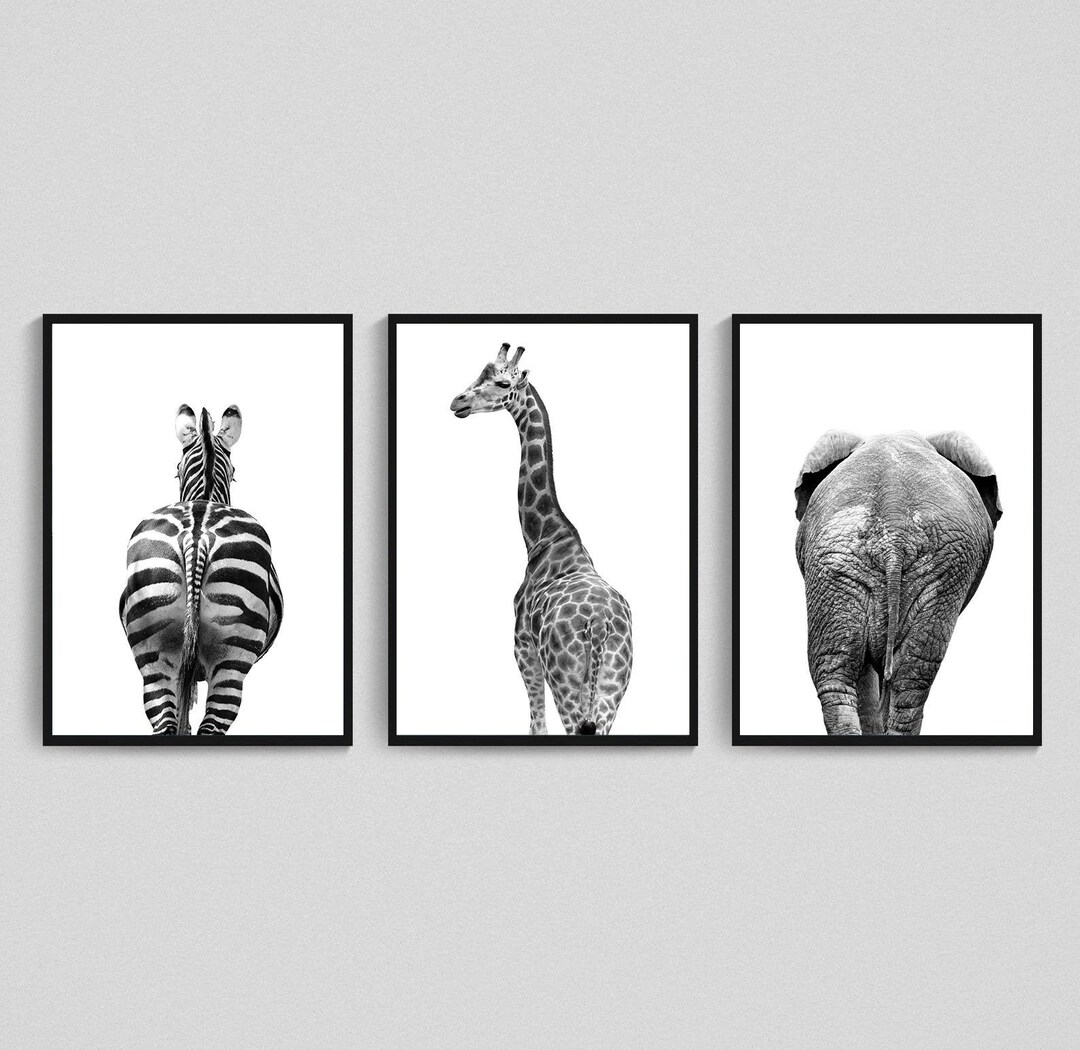 Animal Bums- Bathroom Print Set of 3, Black and White Animal Bum Set ...