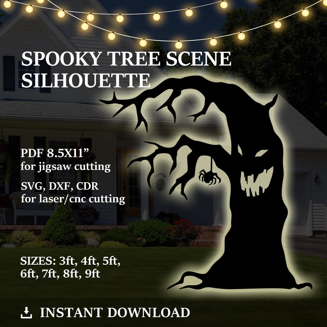 Spooky Tree Scene Lawn Decor Silhouette Template, Halloween Outdoor ...