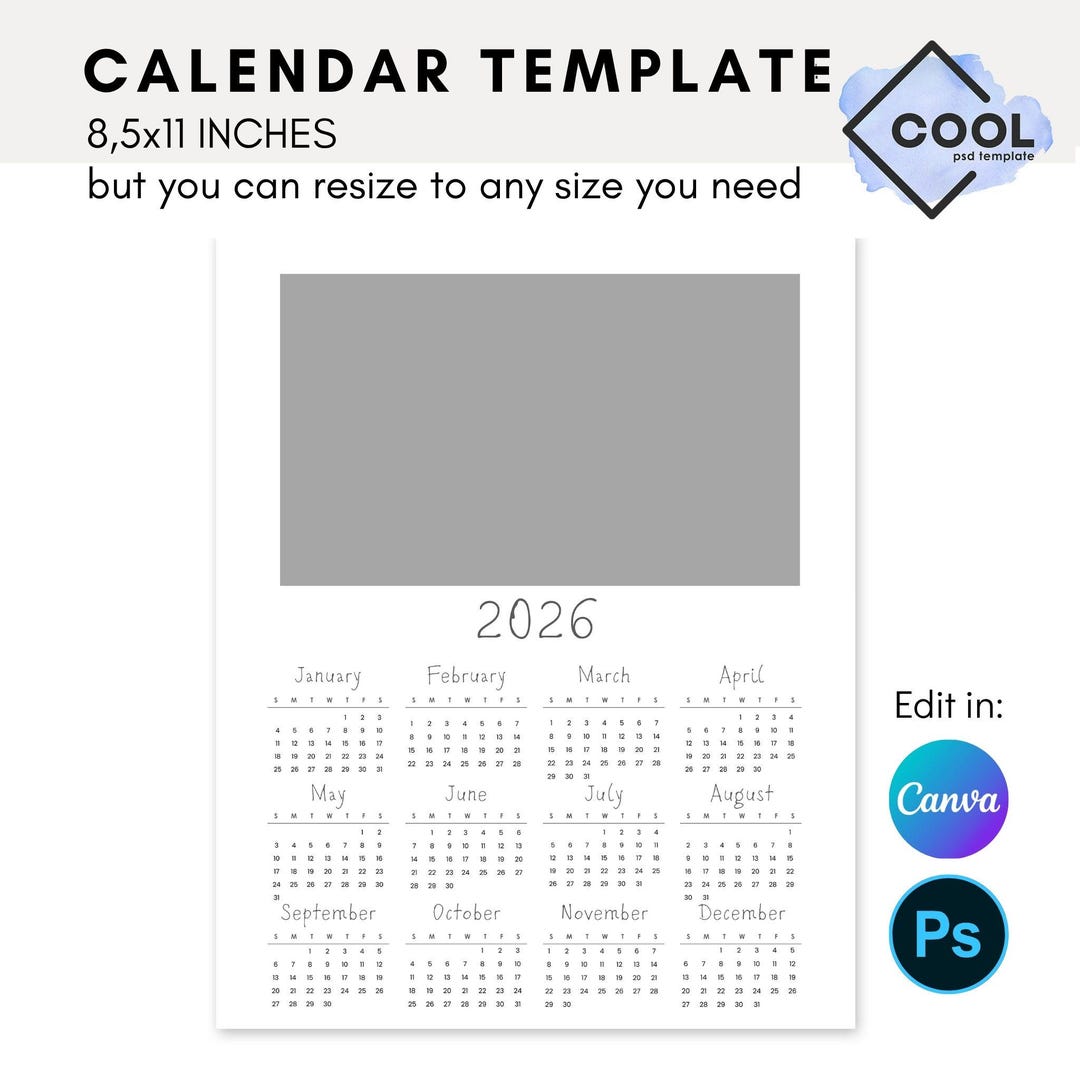 2026 Photo Calendar Template, Editable, Calendar Template, Personalized ...