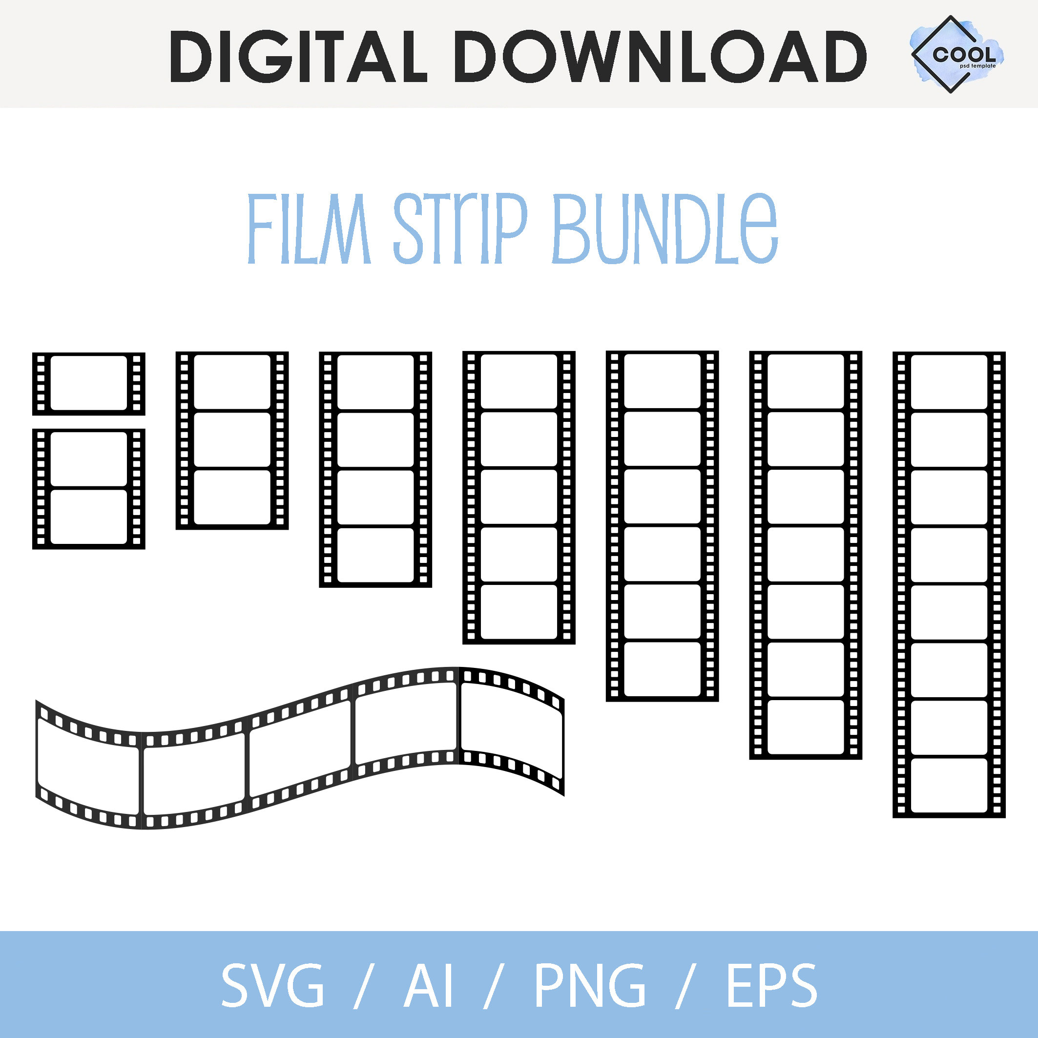 Editable, Movie Filmstrip Svg, Bundle, Cinema Vintage Svg, Custom ...