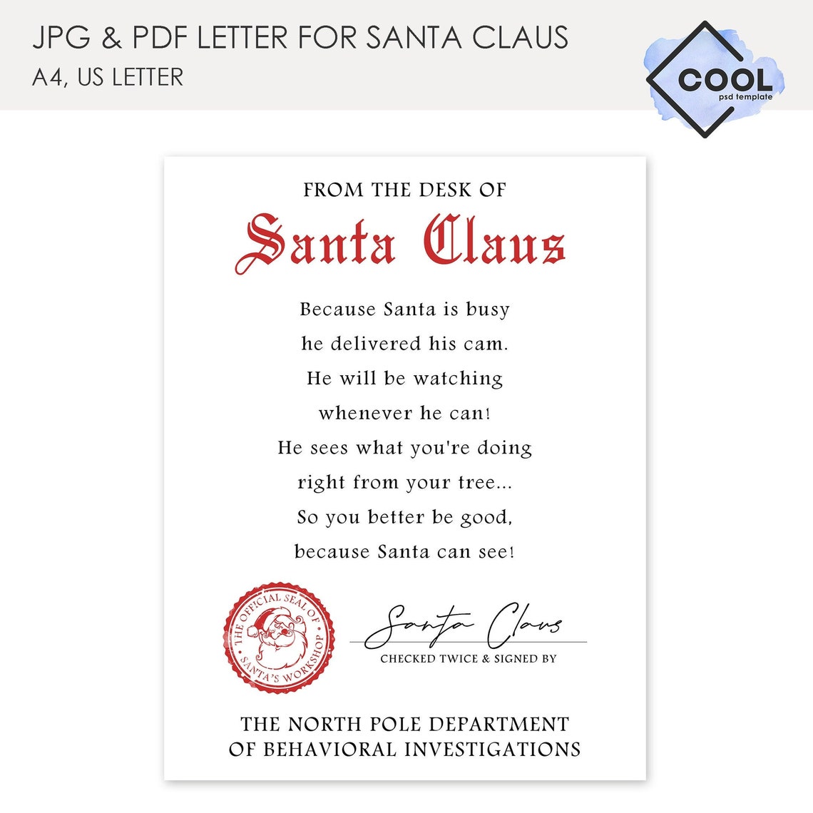 Santa letter for santa cam Printable Santa Claus Letter | Etsy