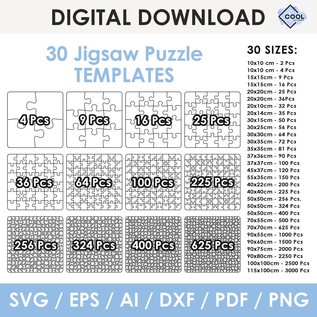 Puzzle Template Bundle, Jigsaw Puzzle Svg, Pdf, Dxf, Png, Laser Cut ...