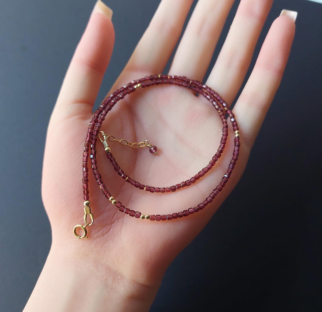 Fine Garnet Cube 2.5mm Beaded Choker Necklace, Super Danity Red Garnet ...