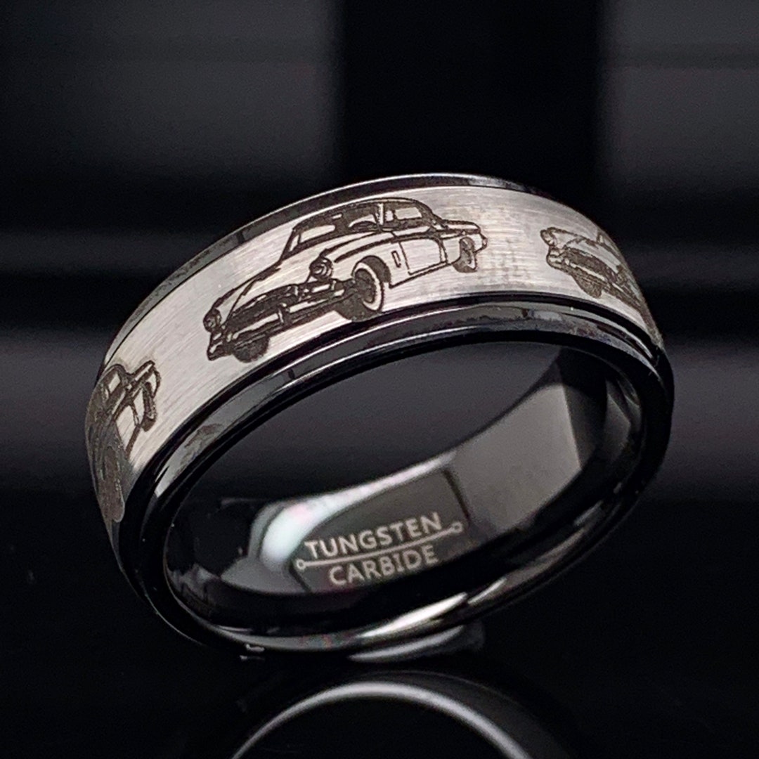 Black Tungsten Ring: Vintage Car Design, Personalized Mens Wedding Band ...