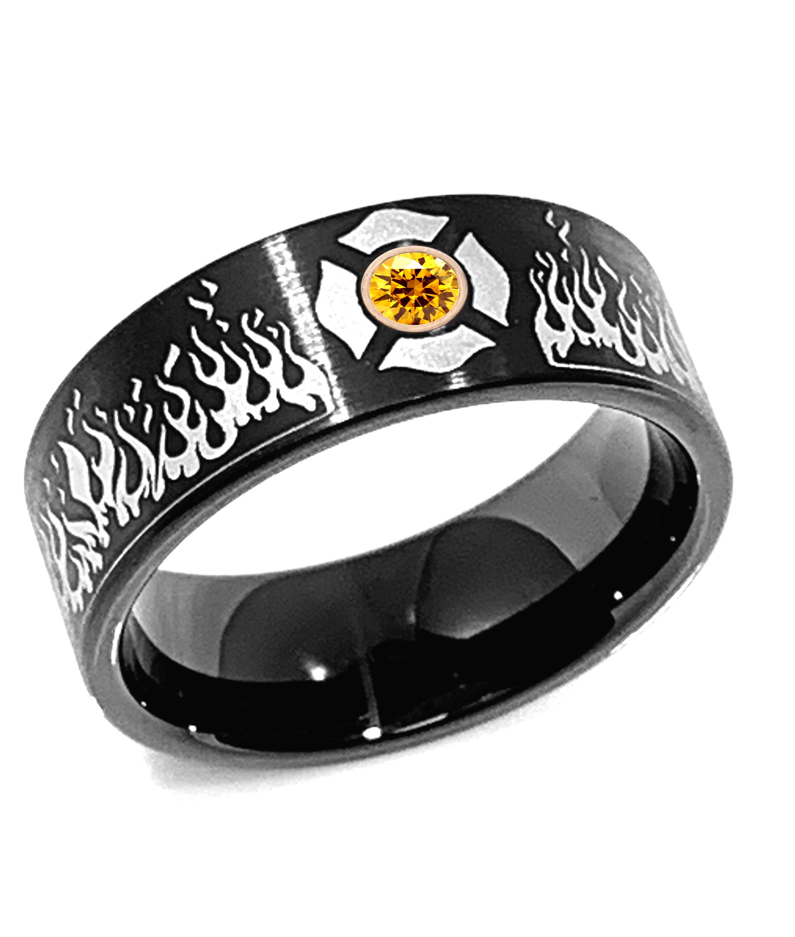 Tungsten Diamond Ring Mens Tungsten Ring Firefighters Ring | Etsy