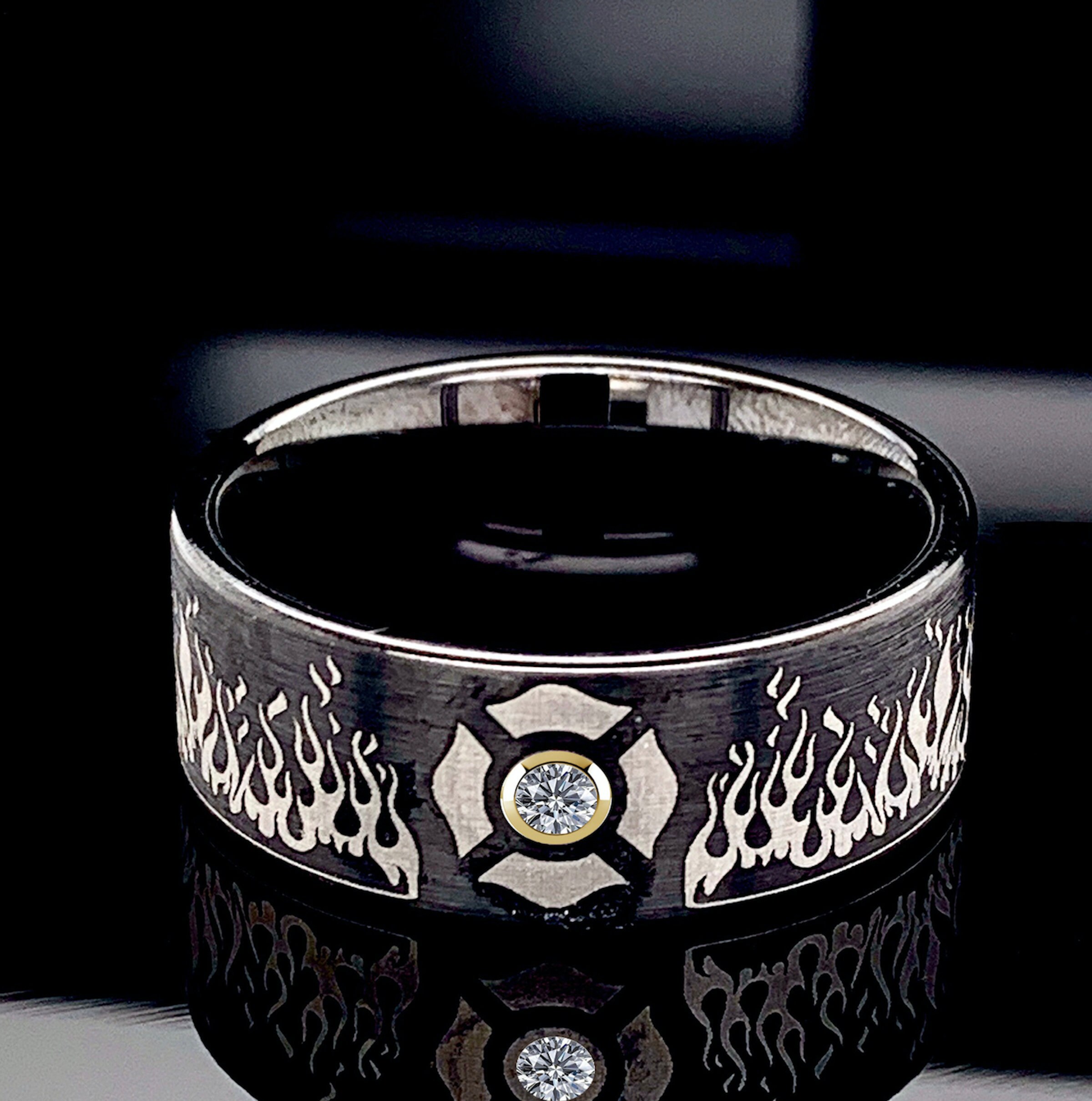 Tungsten Diamond Ring Mens Tungsten Ring Firefighters Ring - Etsy Hong Kong