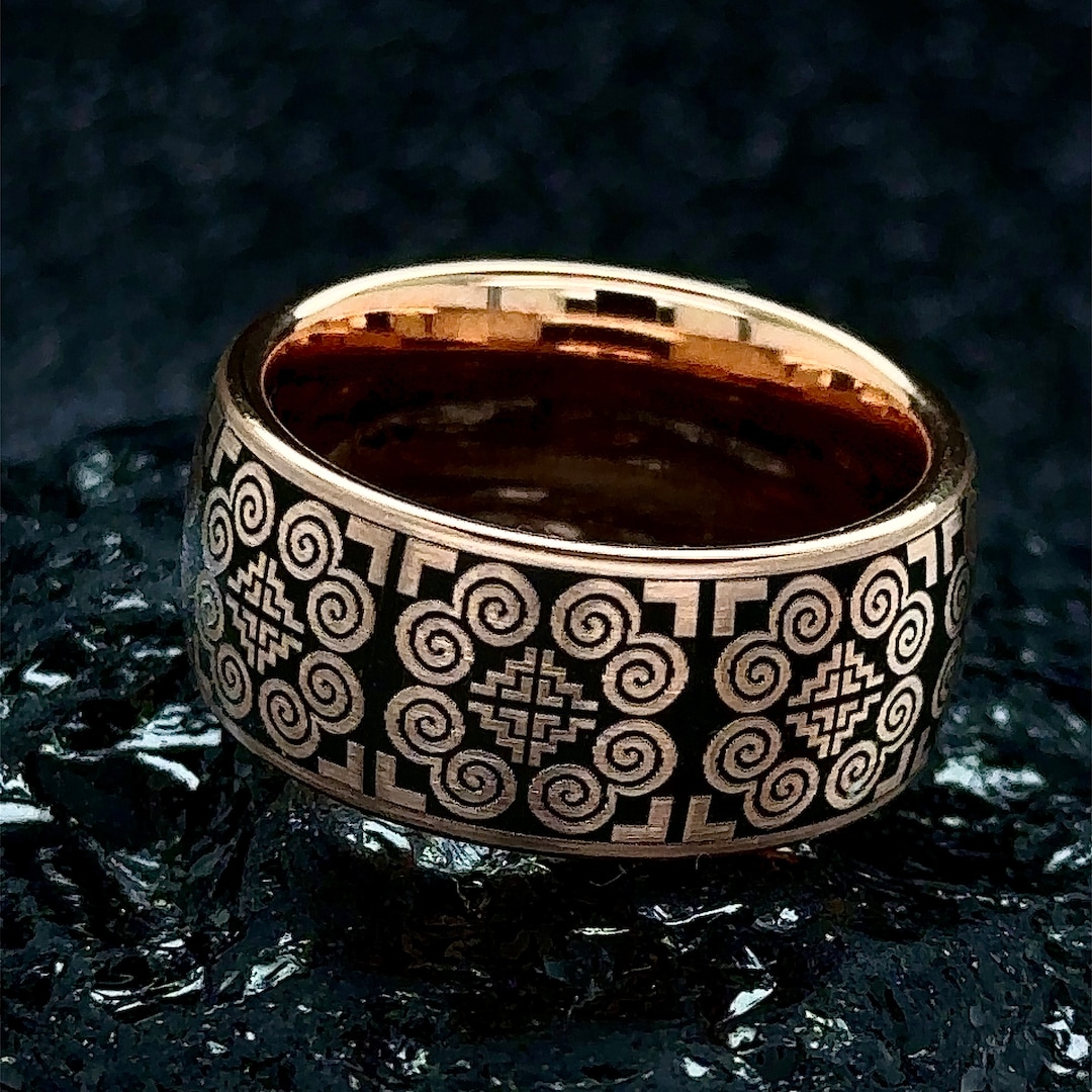 Hmong Tungsten Wedding Ring: Rose Gold Plated, Custom Symbolic Design ...