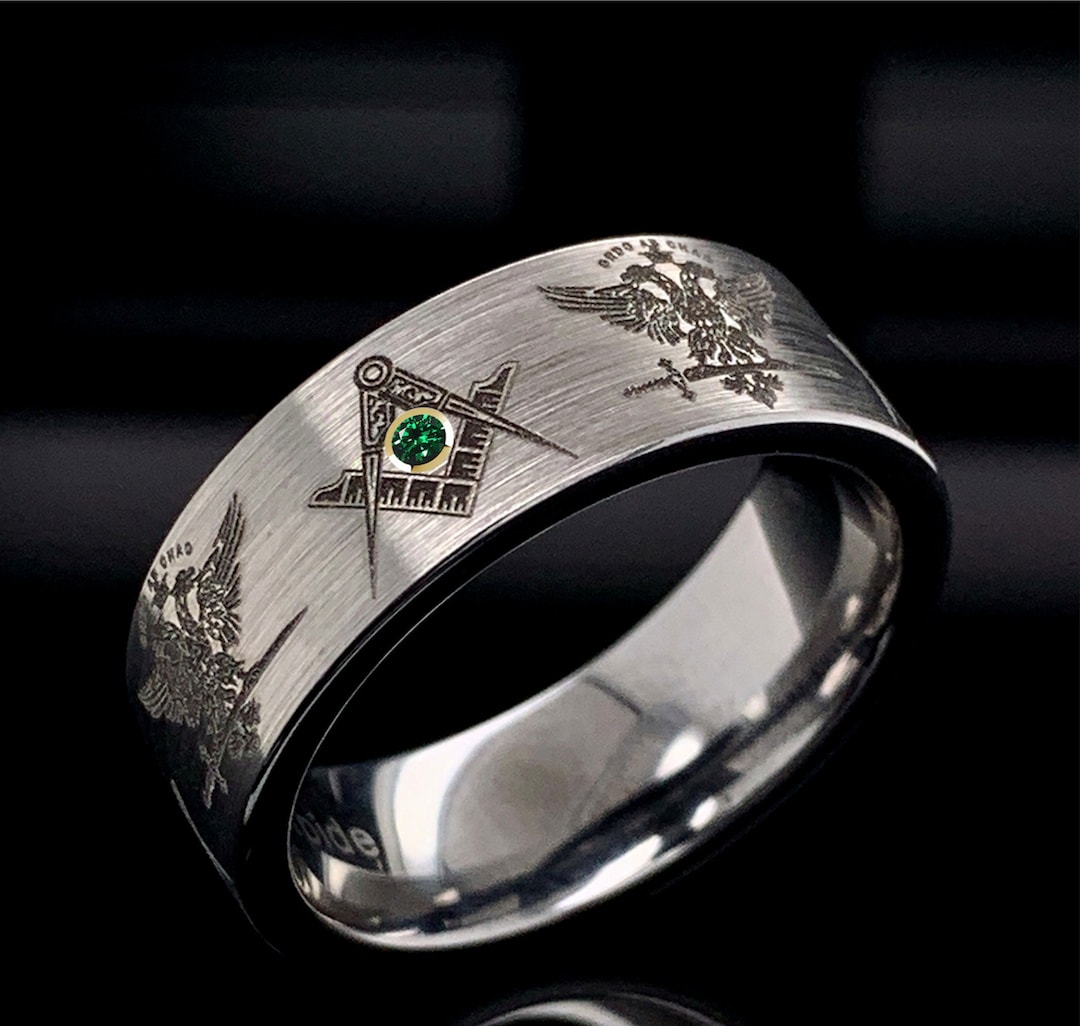 Tungsten Masonic Ring: Emerald, Compass & Eagle Wedding Band - Etsy