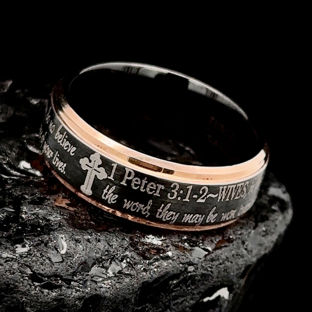 Engraved Tungsten Cross Ring: Rose Gold Edge, Bible Verse Wedding Band ...