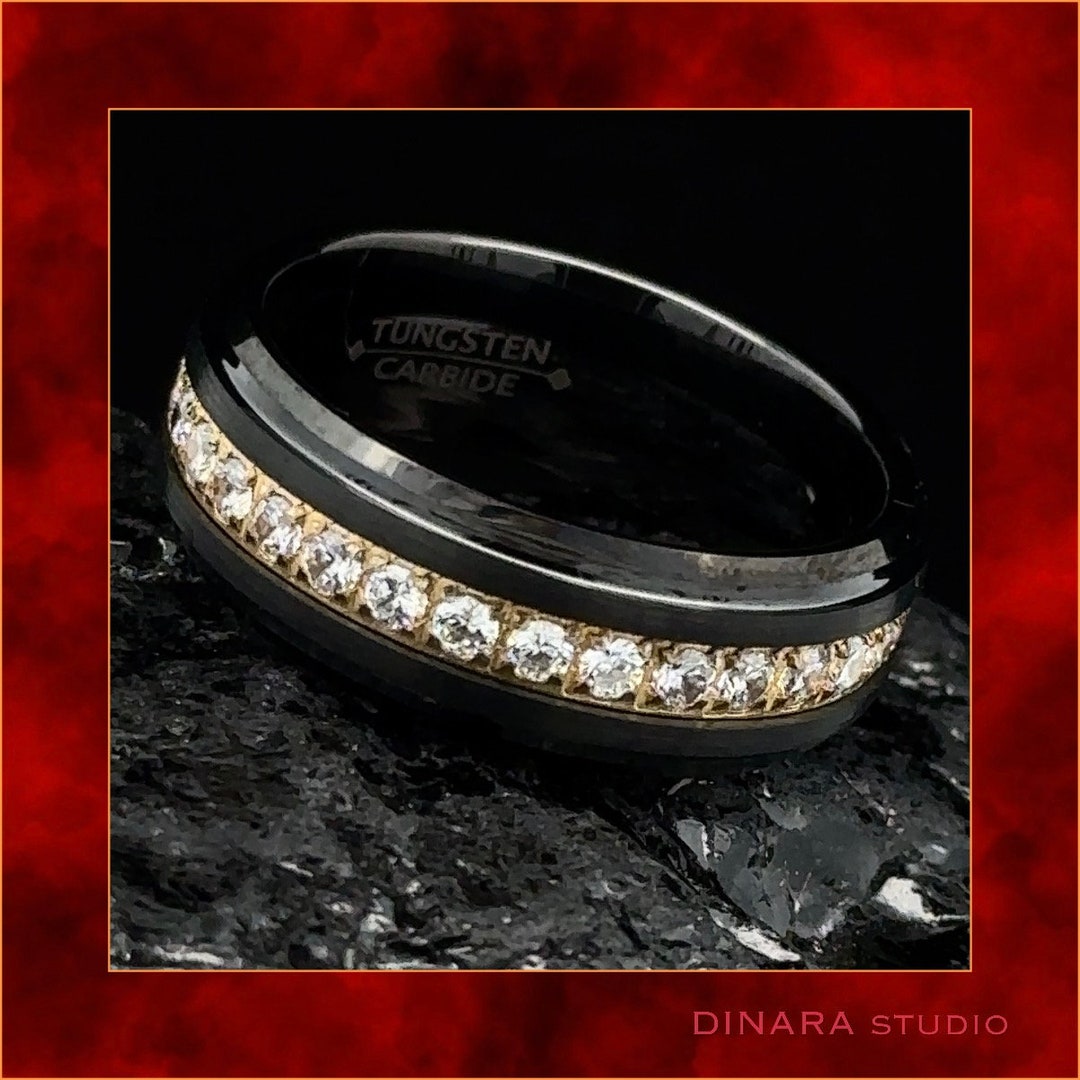 Black Tungsten Eternity Ring: Gold Plated, White CZ, Custom Engraved - Etsy
