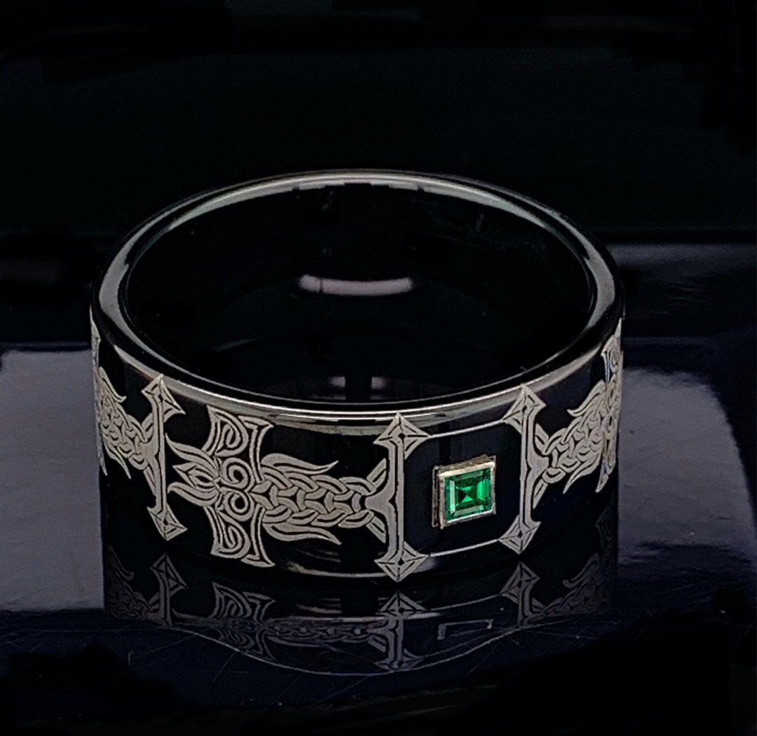 Emerald Tungsten Ring: Black Viking Wedding Band, 10mm Birthstone Ring ...