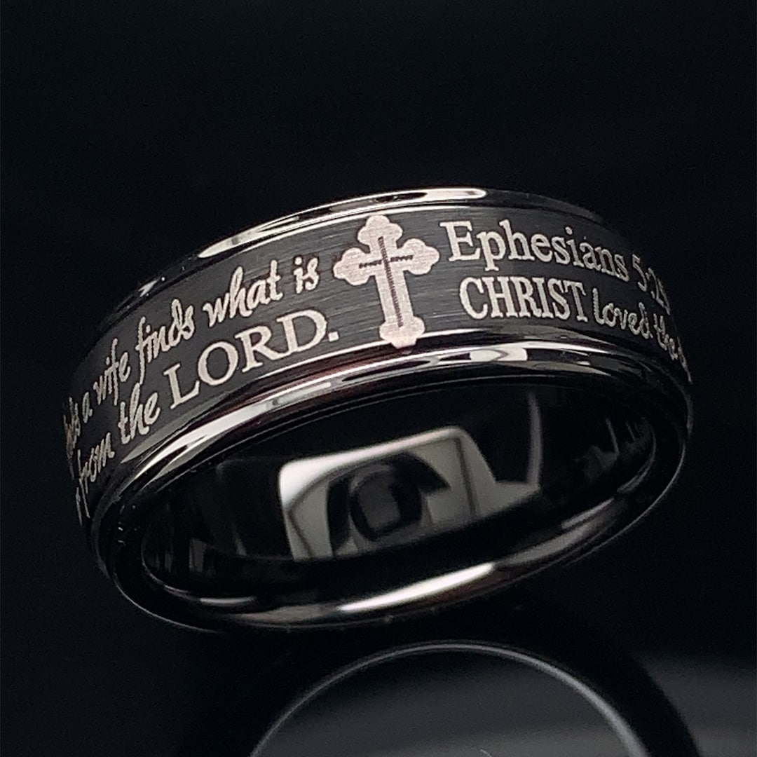 Engraved Tungsten Cross Ring Christian Wedding Band Bible Verse ...