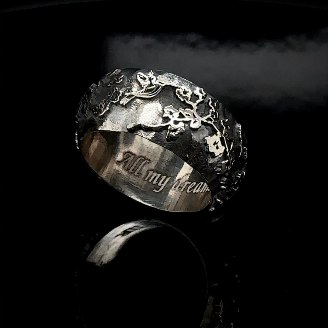 Hummingbird and Cherry Blossom Wedding Ring Handmade of 14k Gold ...