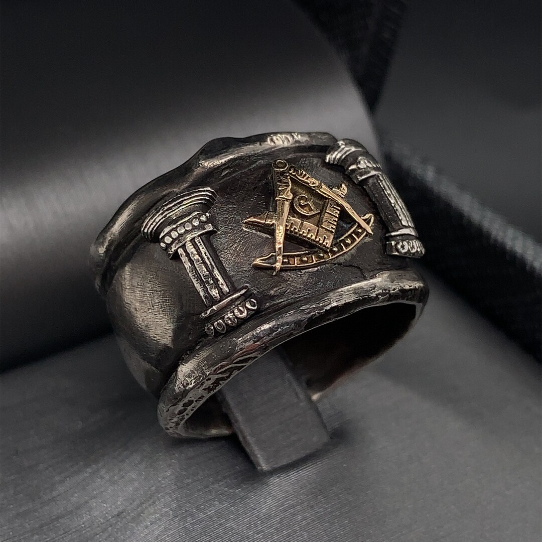 Mens Masonic Ring Sterling Silver 14K Gold Square and Compass Handmade ...