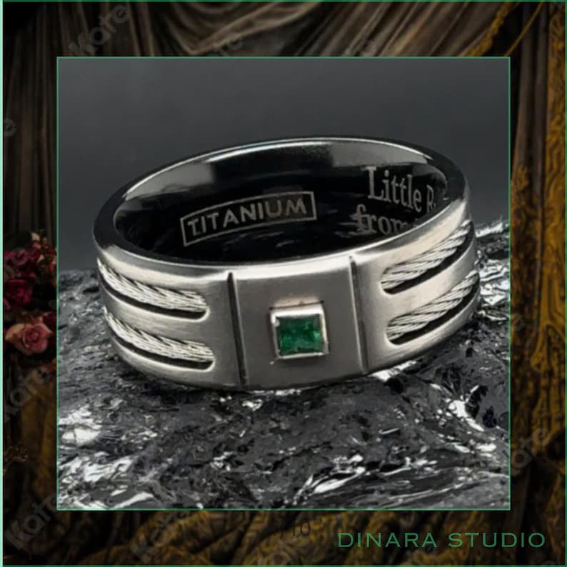 Titanium Cable Ring: Ruby Gemstone, Custom Engraved Band - Etsy