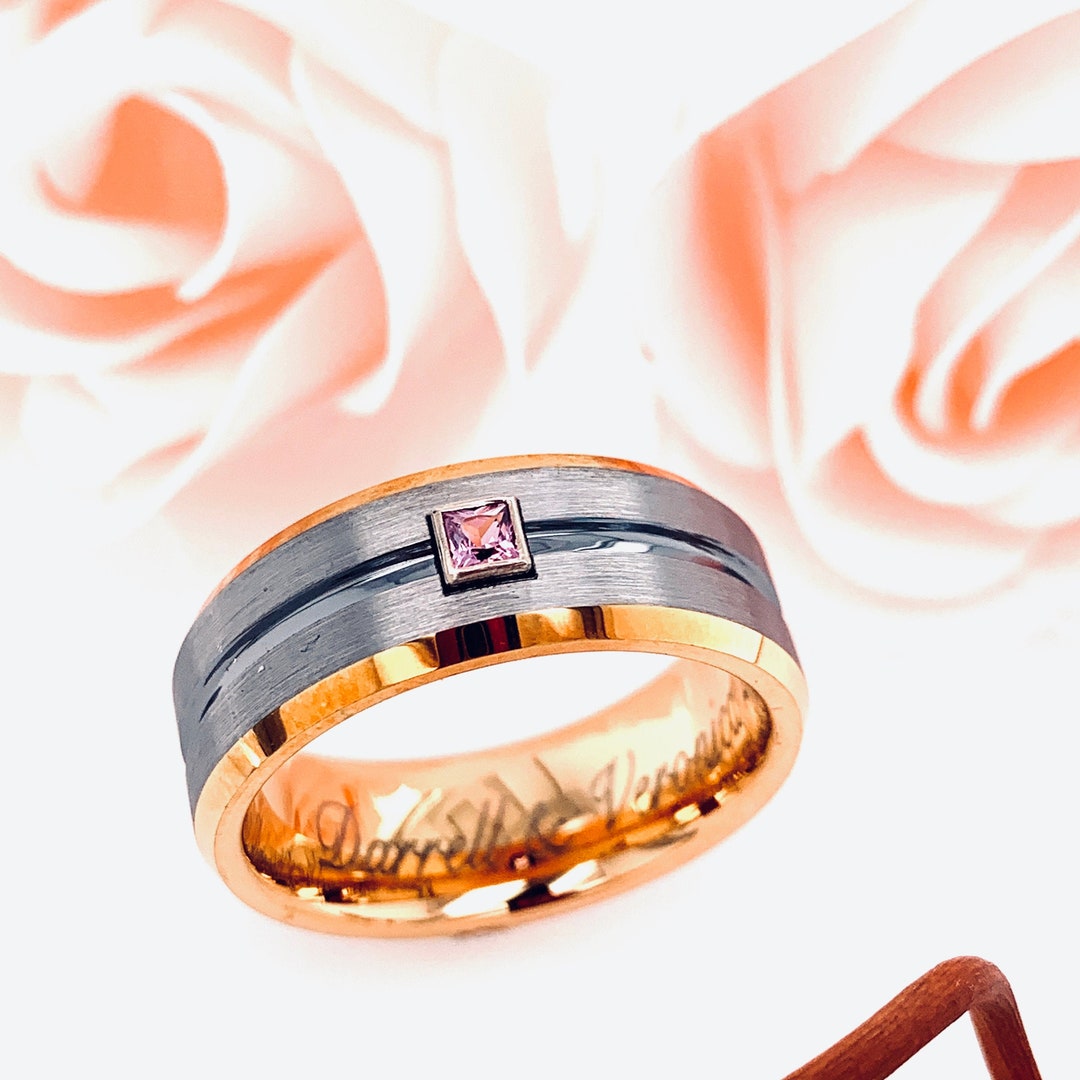 Morganite Mens Tungsten Wedding Ring: Rose Gold, Personalized Comfort ...