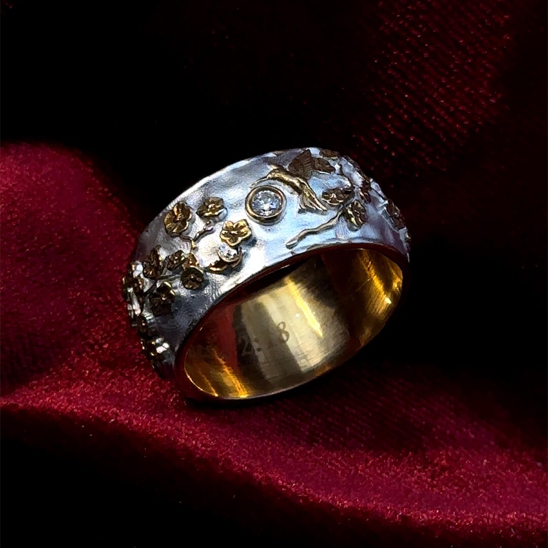 Diamond Hummingbird Ring: Yellow Gold-plated Silver, Nature-inspired ...