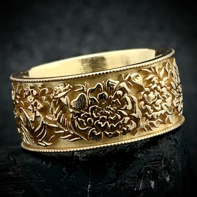 14k Gold Floral Birth Flower Ring Custom Bouquet Engraved Wedding Band ...