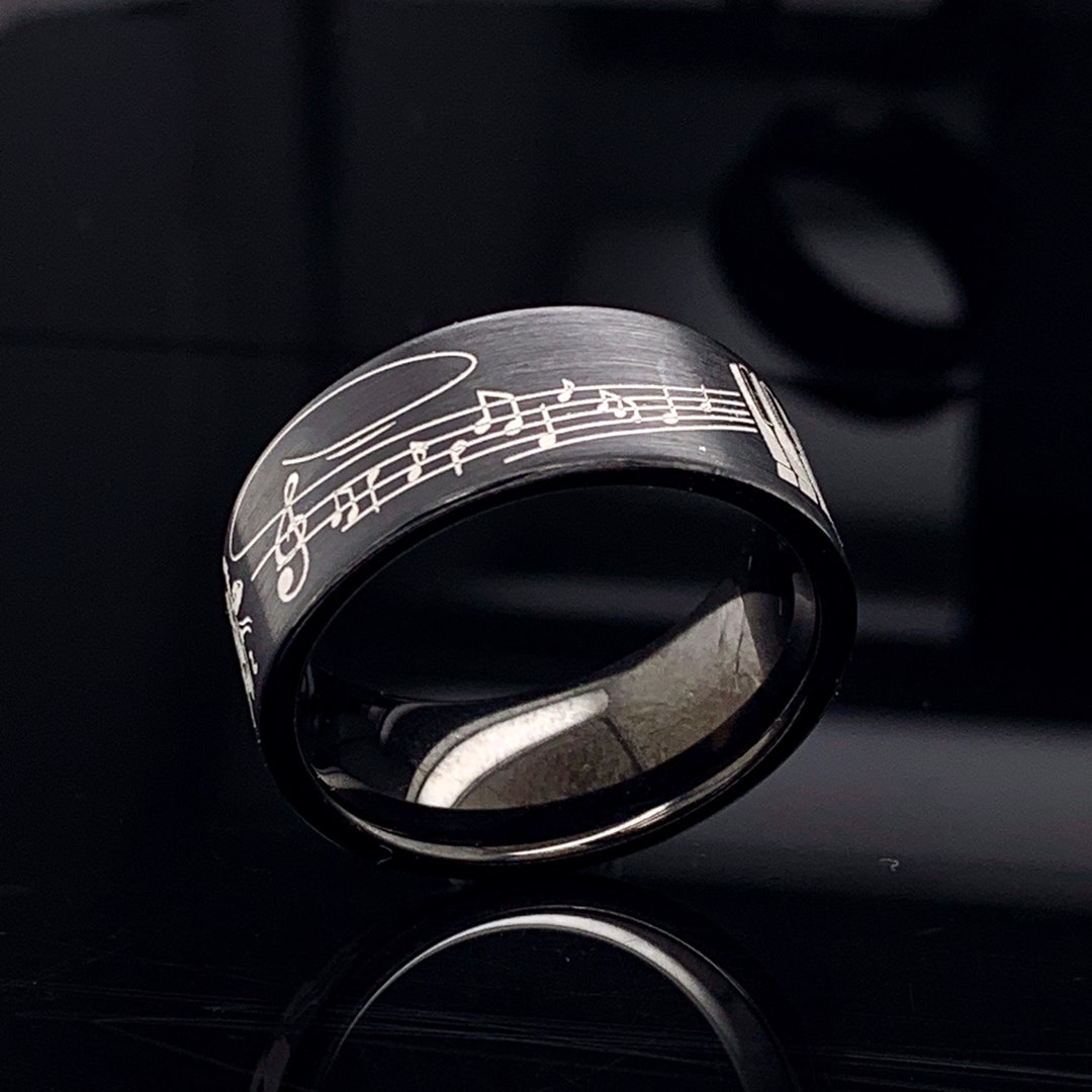 Music Notes Ring Black Tungsten Wedding Band Sheet Music Engraved ...