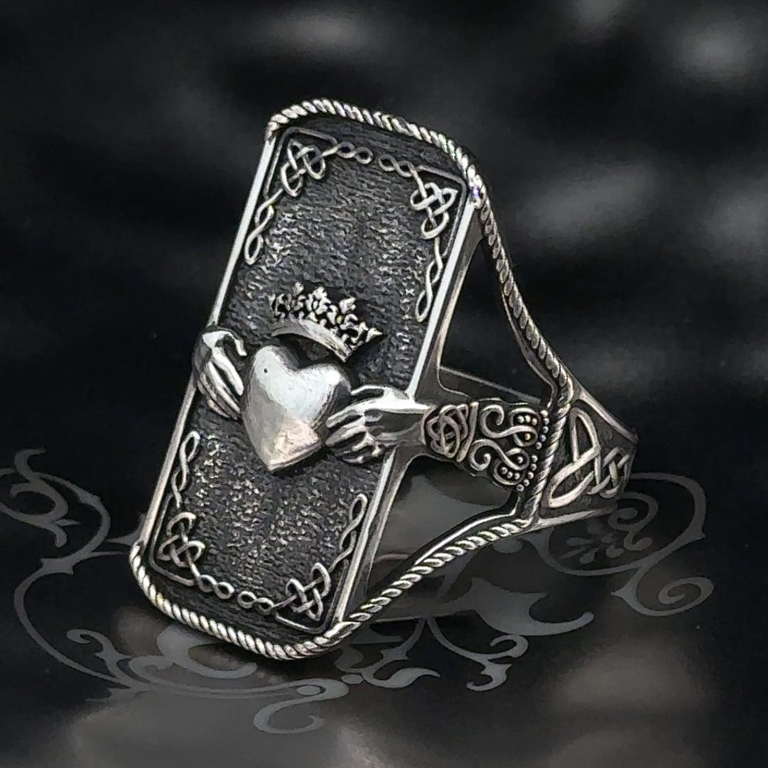 Handcrafted Silver Claddagh Ring Rectangular Celtic Knot Band Oxidized ...