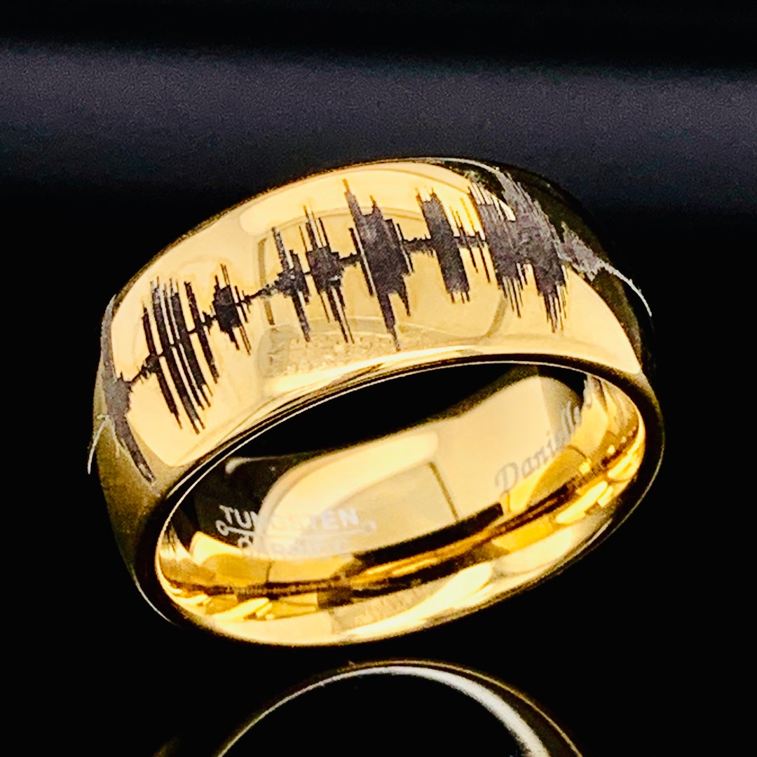 Gold Tungsten Soundwave Ring: Custom Engraved Anniversary Band - Etsy