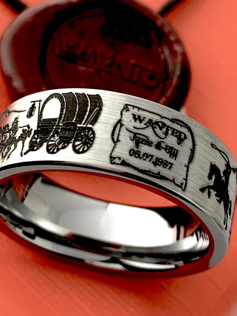 Western Cowboy Tungsten Ring: Engraved Panoramic Wedding Band - Etsy