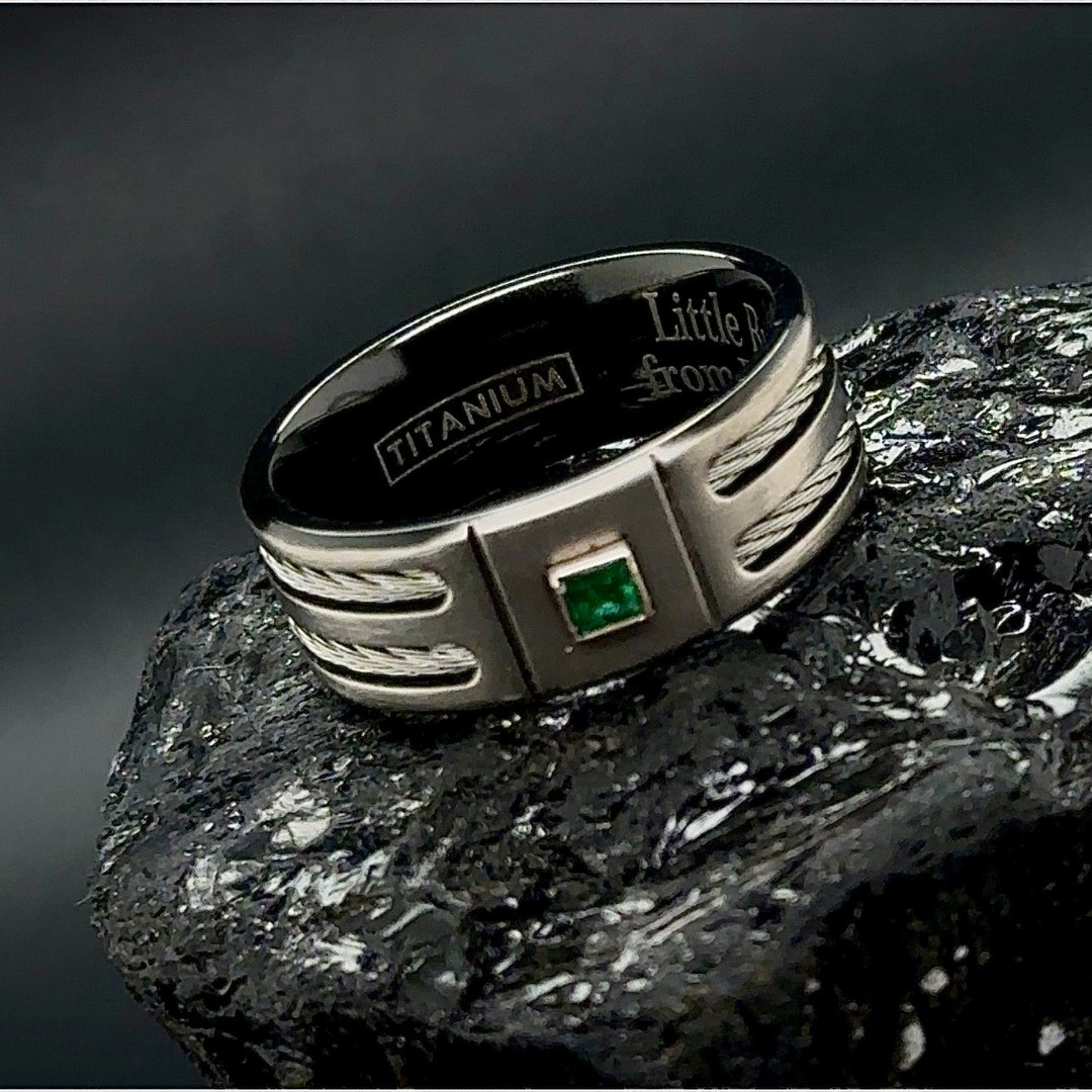 Emerald Titanium Ring: Cable Inlay, Custom Engraved Promise Ring - Etsy