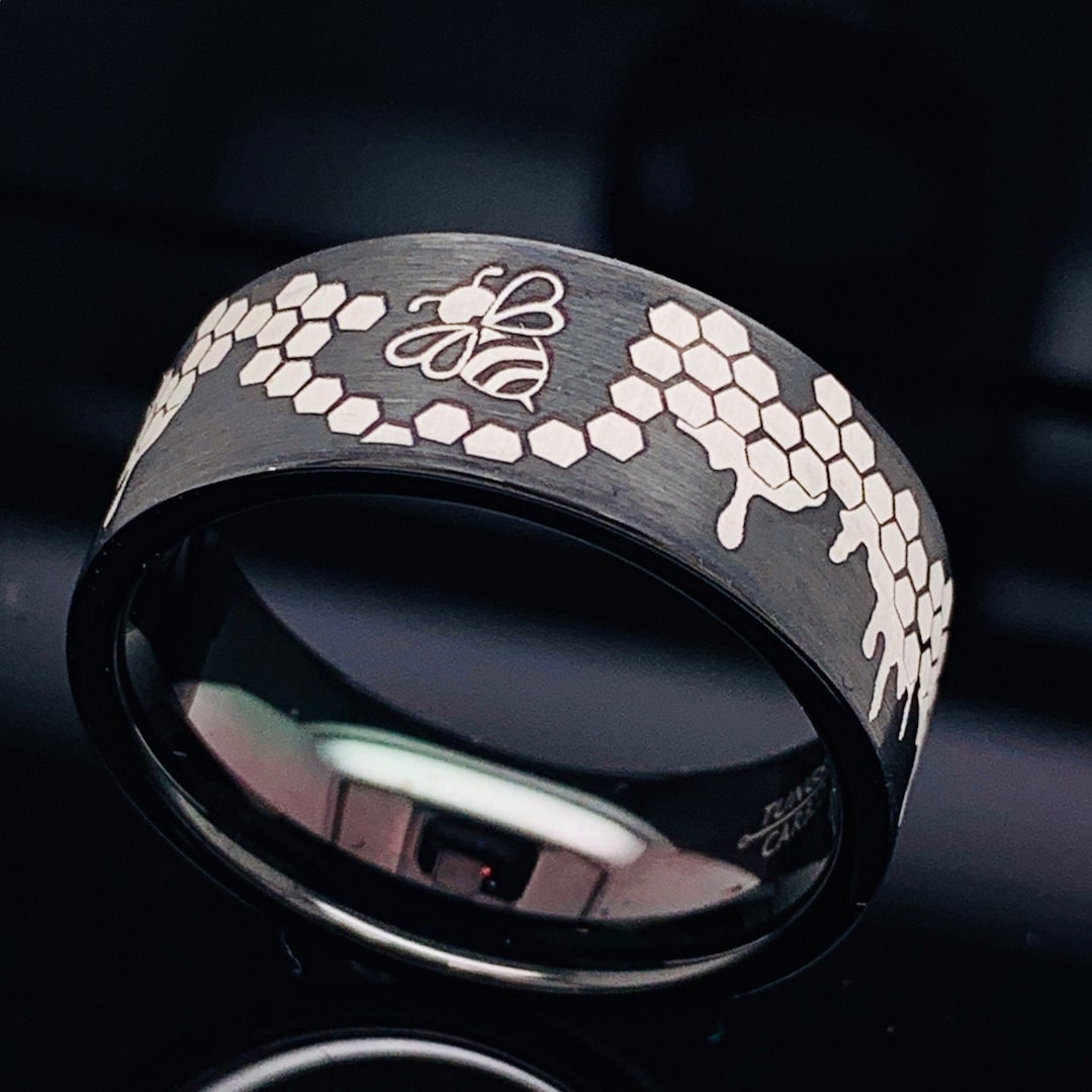 Black Tungsten Honeycomb Ring Mens Wedding Band Geometric Hexagon ...