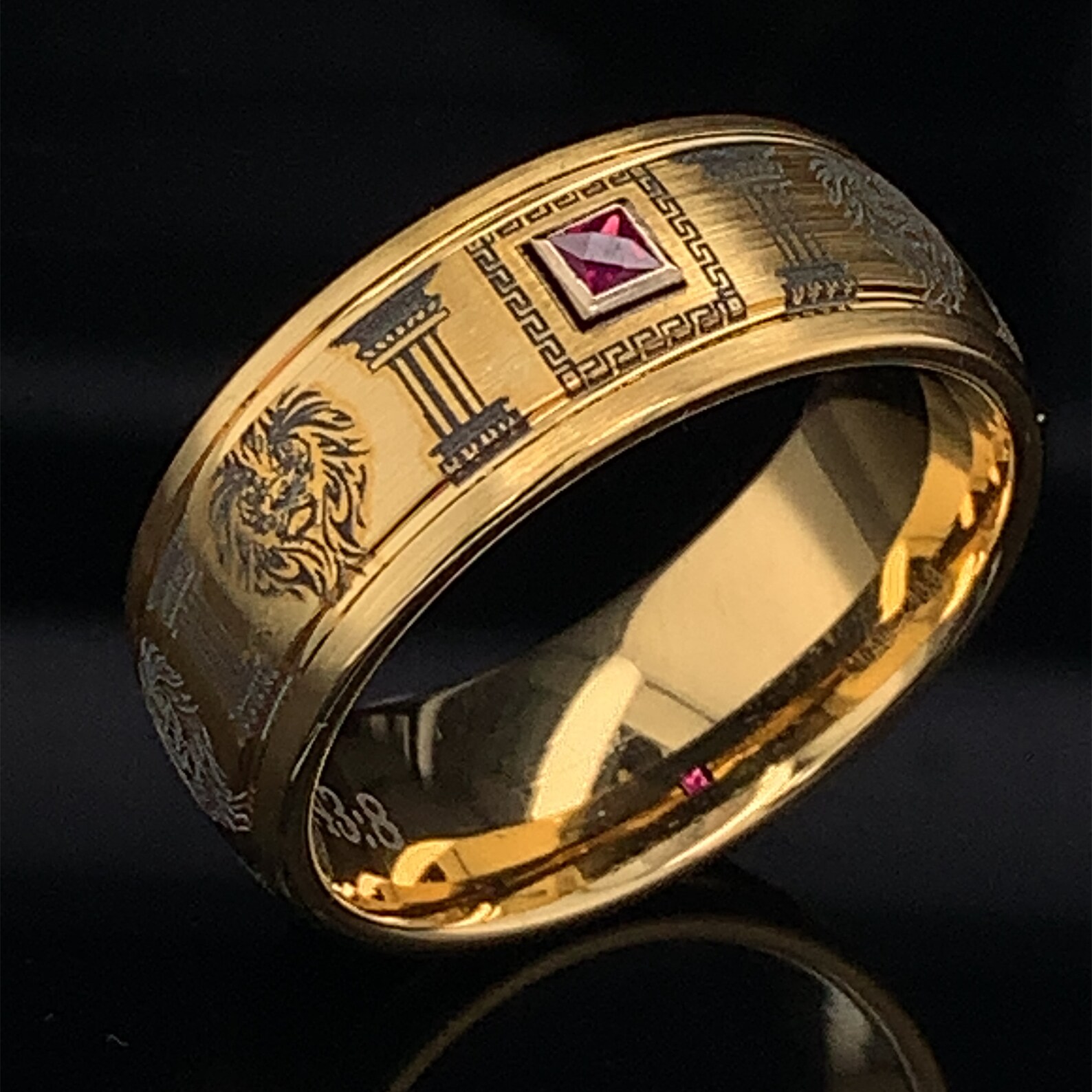 Tungsten Wedding Ring, Lion Ring, Ruby Tungsten Ring, Custom Engraved ...