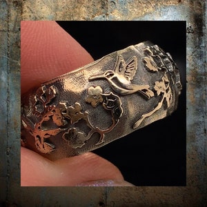 Hummingbird and Cherry Blossom Wedding Ring Handmade of 14k Gold ...