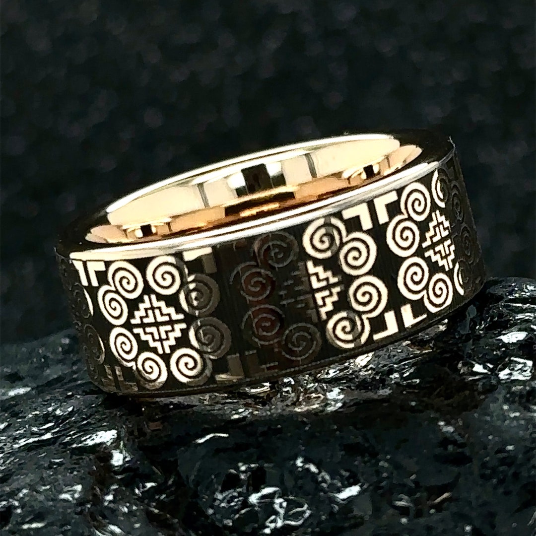 Hmong Wedding Ring: Rose Gold Tungsten Band With Custom Symbol Design ...