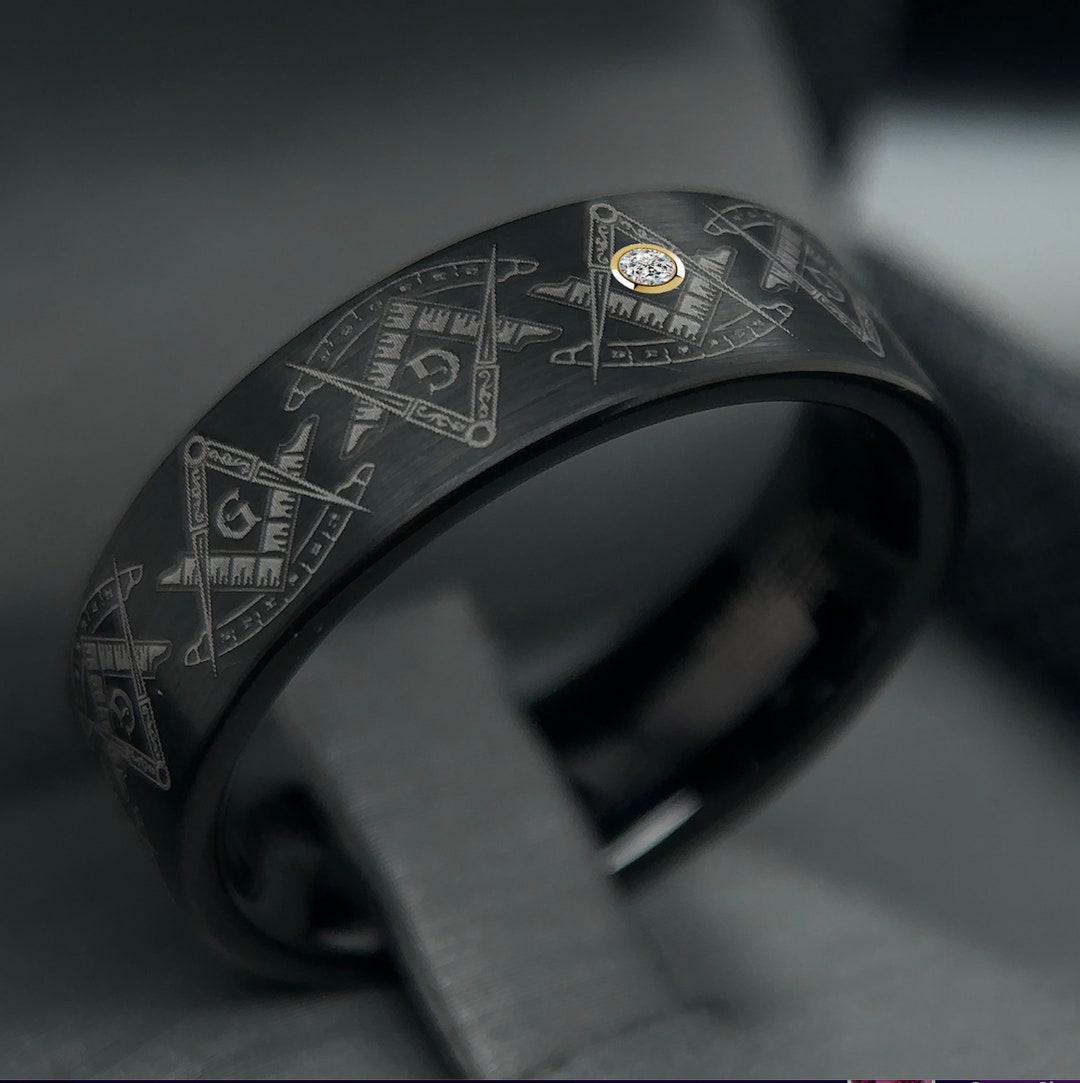 Black Tungsten Masonic Ring: Compass & Eagle Wedding Band - Etsy