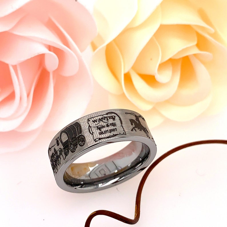 Western Cowboy Tungsten Ring: Engraved Panoramic Wedding Band - Etsy
