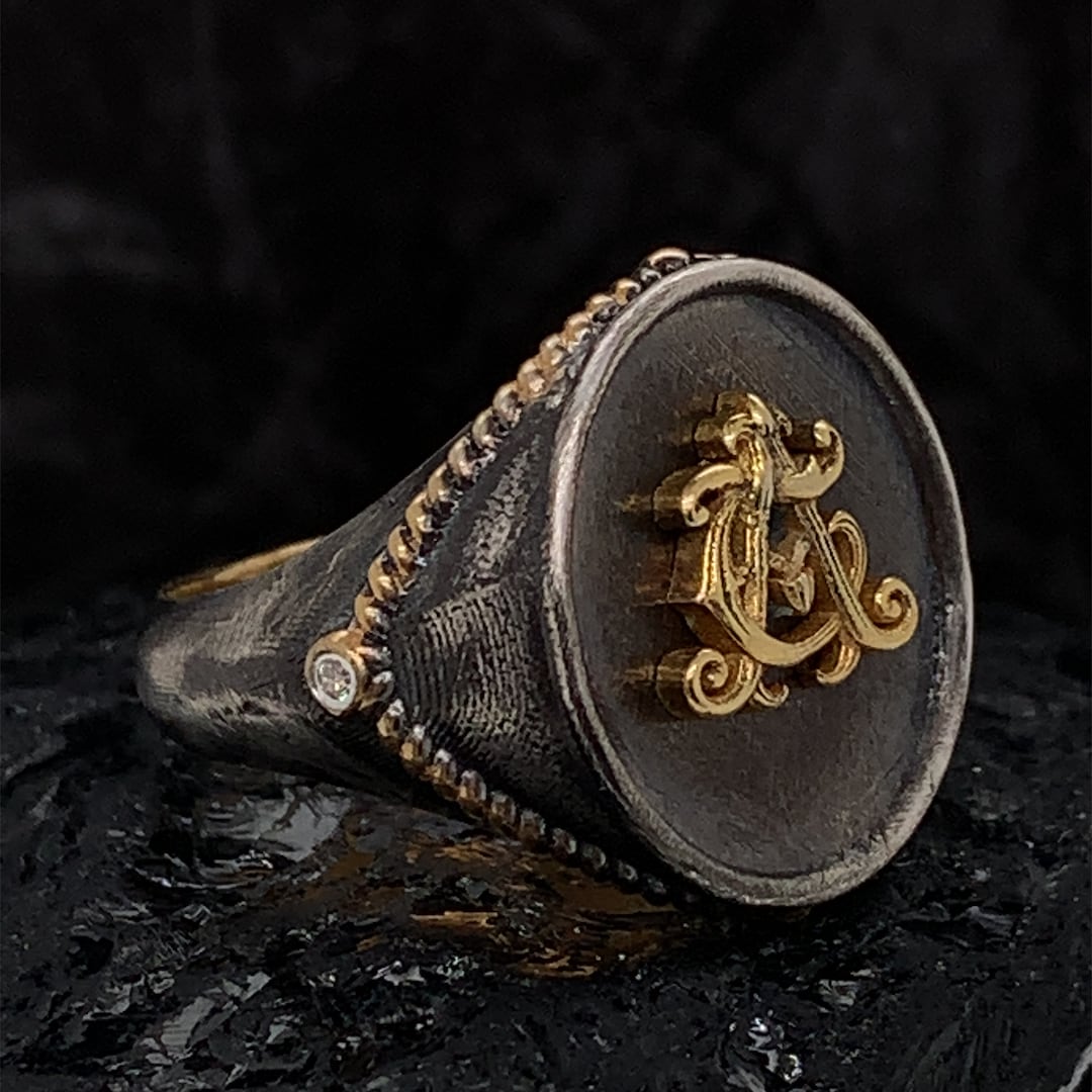 Victorian Monogram Signet Ring Oxidized Silver and Solid 18k Gold ...
