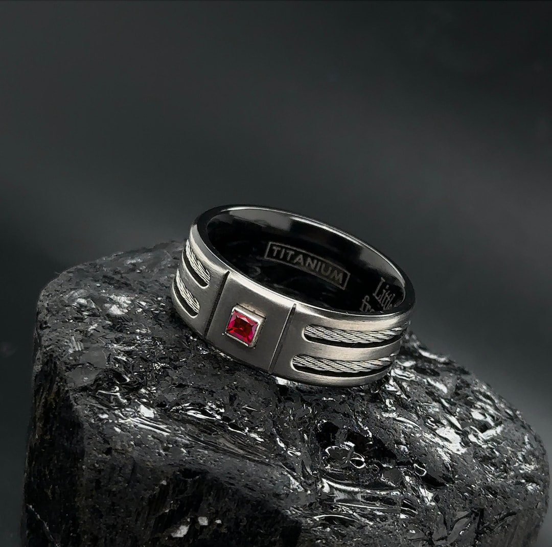 Titanium Cable Ring: Ruby Gemstone, Custom Engraved Band - Etsy