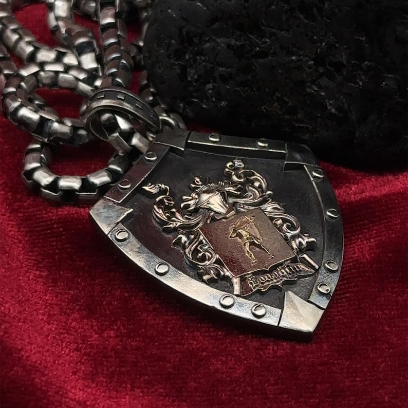 Custom Coat of Arms Shield Pendant Sterling Silver With 14k Gold Family ...