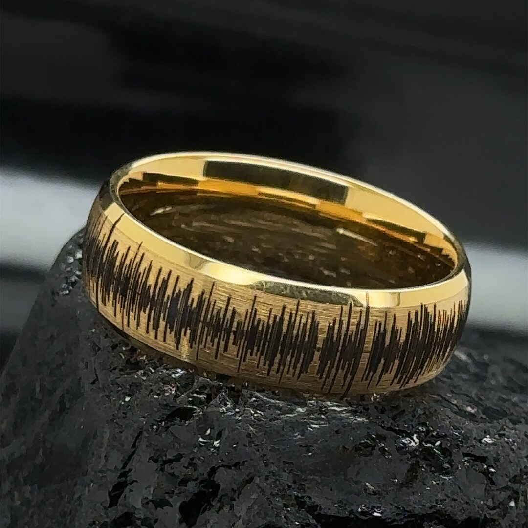 Gold Tungsten Sound Wave Ring: Custom Engraved Anniversary Band - Etsy