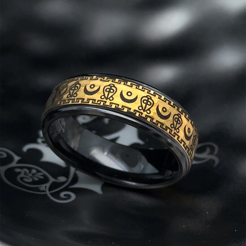 Custom Engraved Adinkra Tungsten Wedding Ring Yellow Gold Plated ...