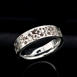 Hummingbird Tungsten Ring: Cherry Blossom Engraved Wedding Band - Etsy