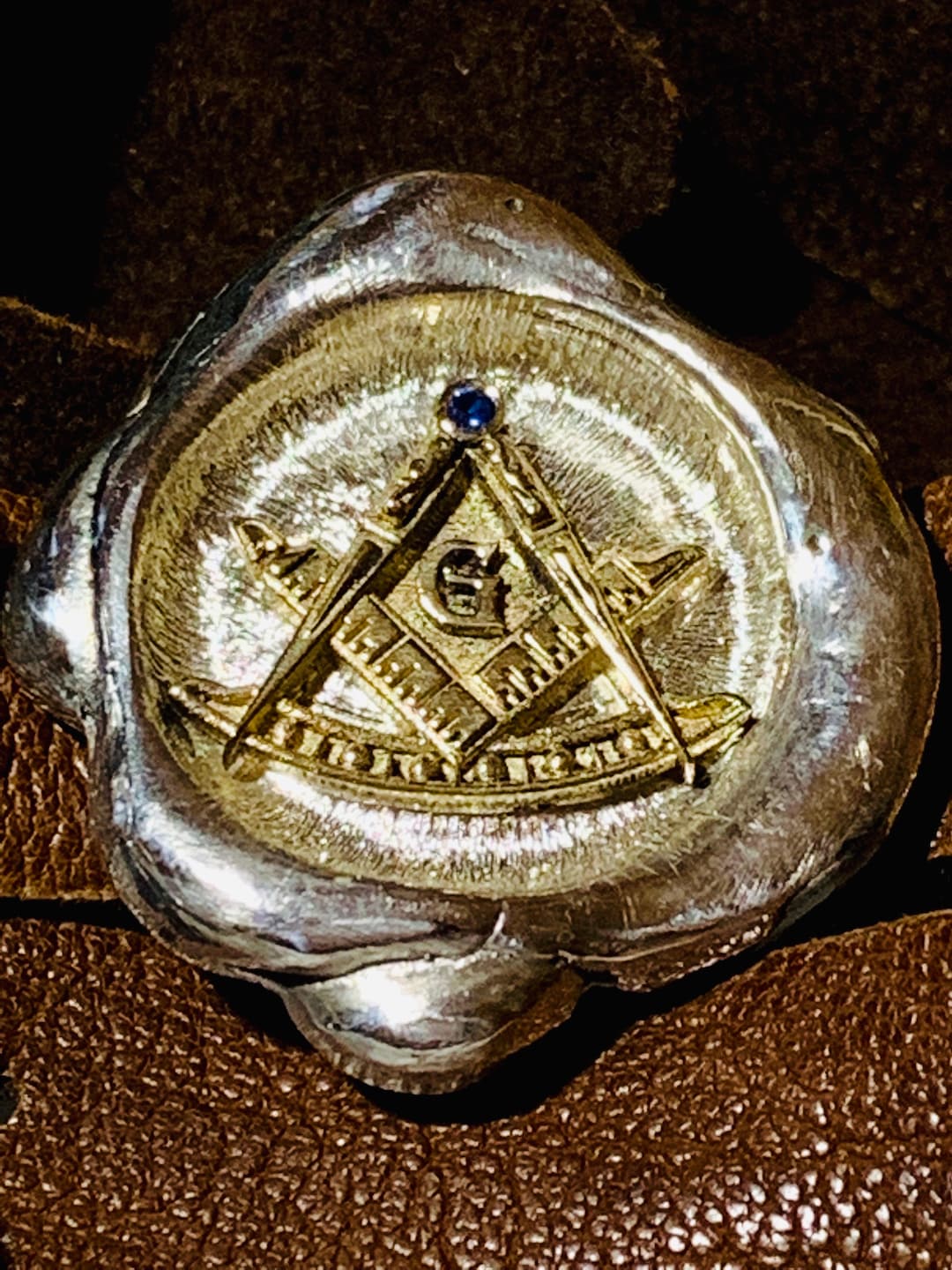 Silver and Gold Masonic Leather Wrap Bracelet With Sapphire – Custom ...