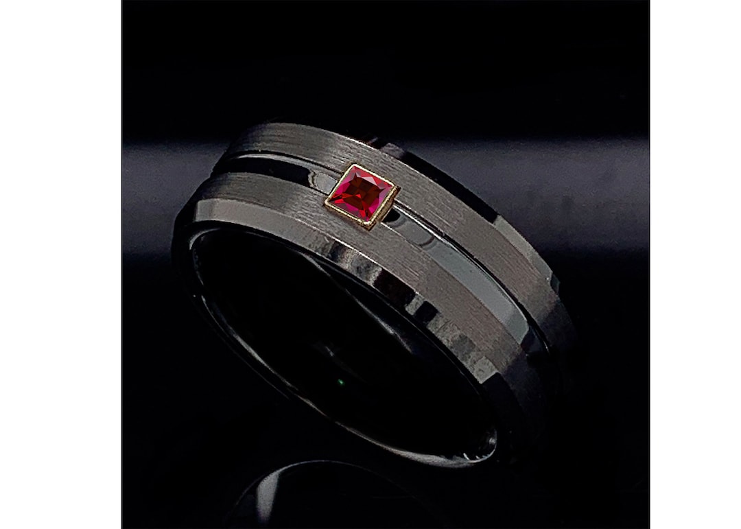Black Tungsten Ruby Ring Grooved 8mm Wedding Band With Square Gemstone ...