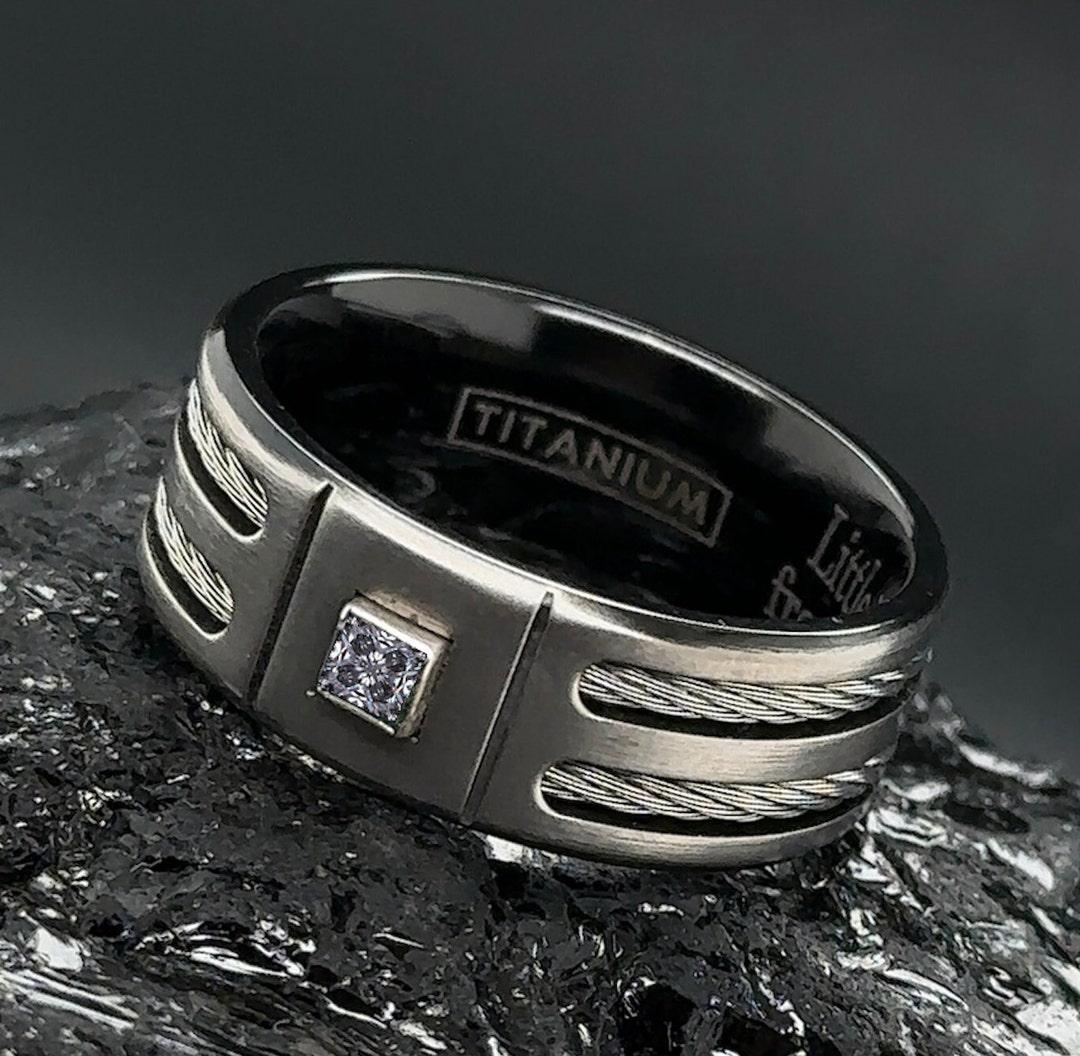 Diamond Titanium Ring, Titanium Cable Ring, Custom Engraved Ring, Mens ...